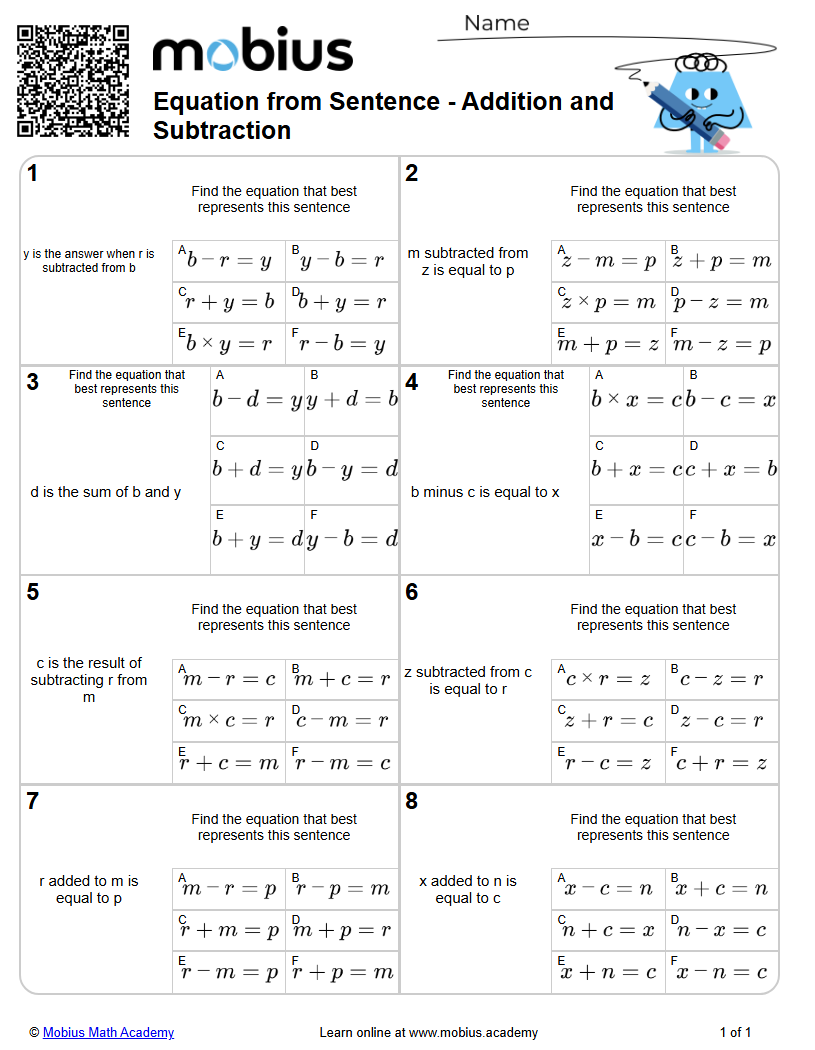 Equation from Sentence - Addition and Subtraction (Level 2) - Mobius ...