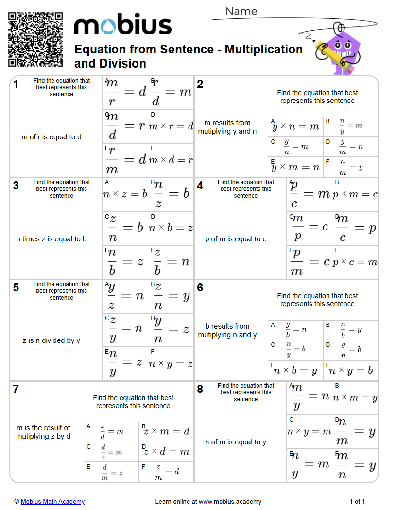 Equation from Sentence - Multiplication and Division (Level 2) - Mobius ...