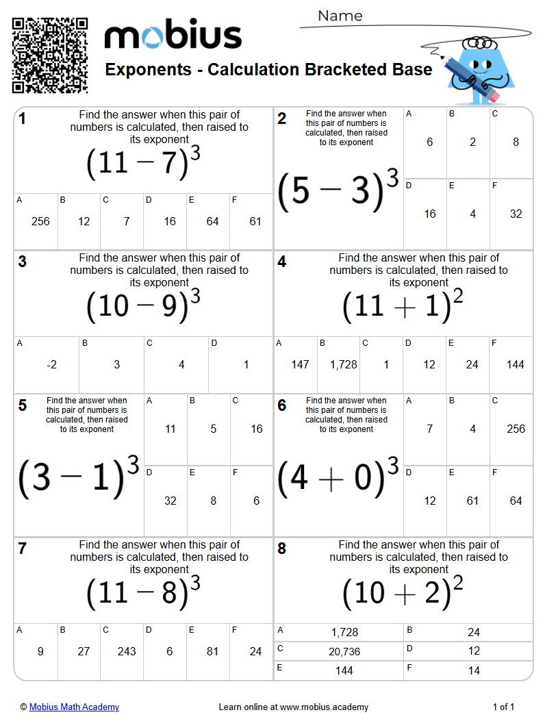 Exponents | Calculation Bracketed Base (Level 2) | Grade 5 Math ...