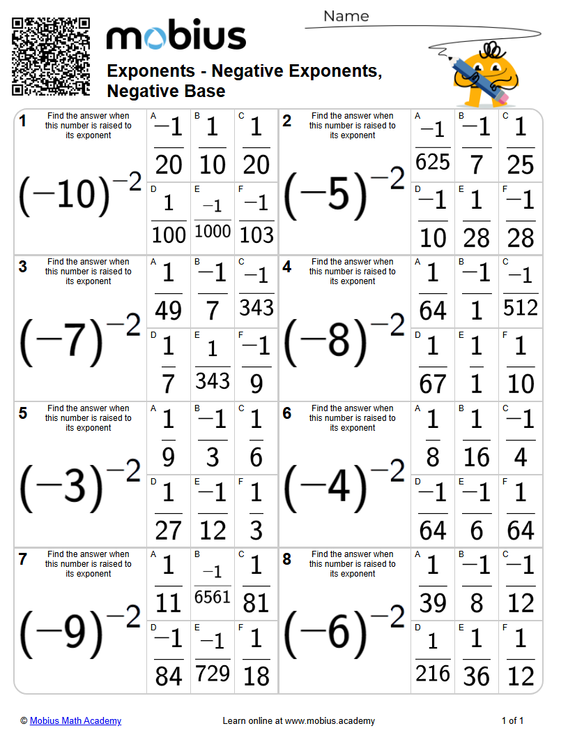 Exponents - Negative Exponents, Negative Base (Level 1) - Mobius Math ...
