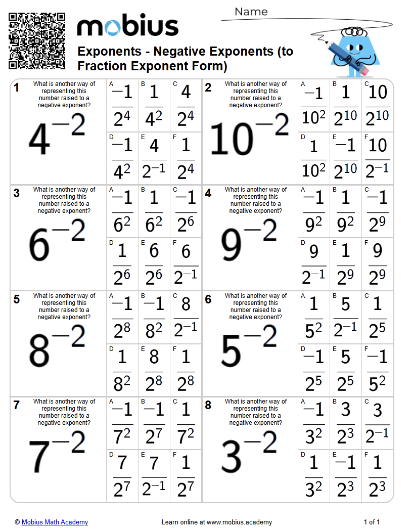 Exponents - Negative Exponents (to Fraction Exponent Form) (Level 1 ...