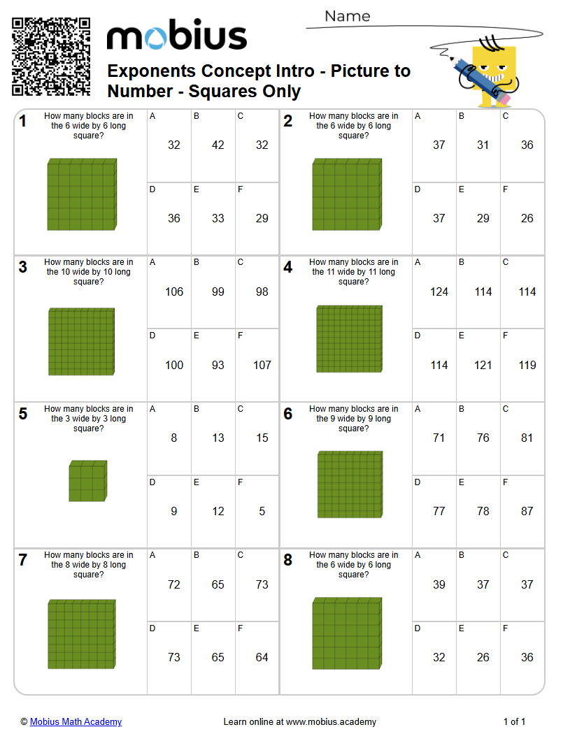 Exponents Concept Intro - Picture to Number - Squares Only (Level 1 ...