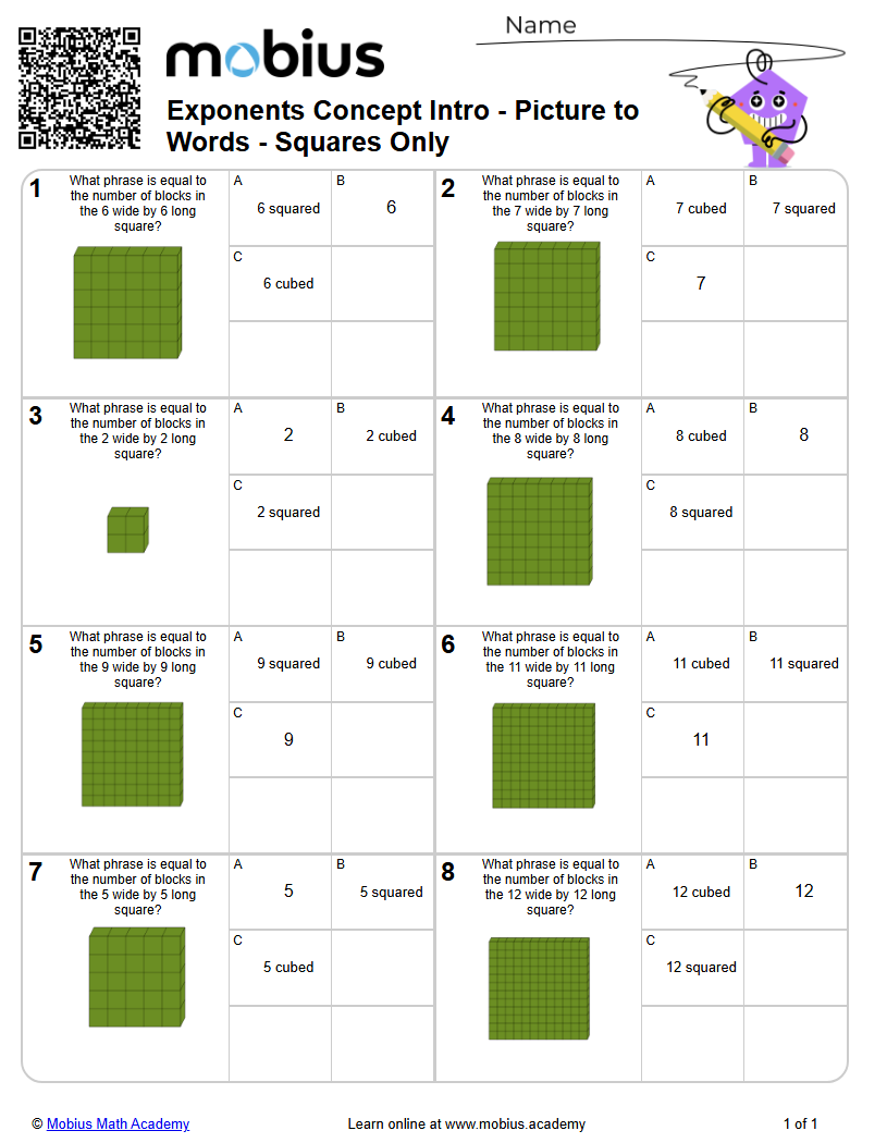 Exponents Concept Intro - Picture to Words - Squares Only | Level 1 ...