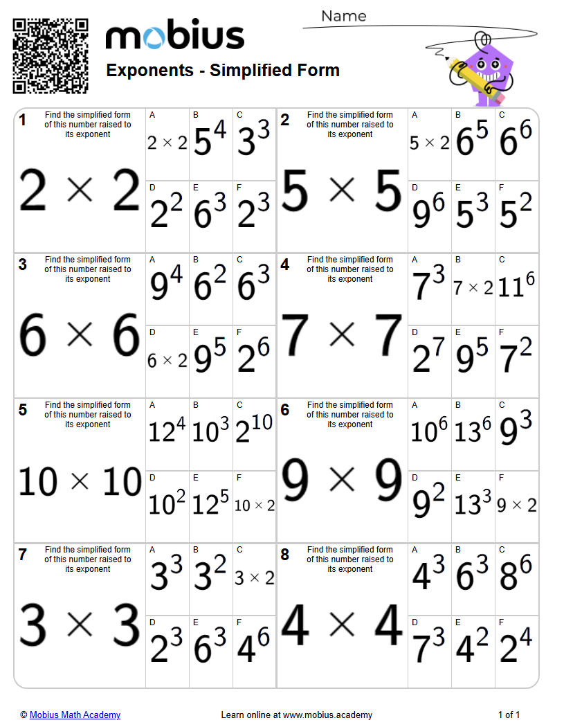 Simplified Form (Level 1) | Exponents | Grade 5 Math Worksheets ...