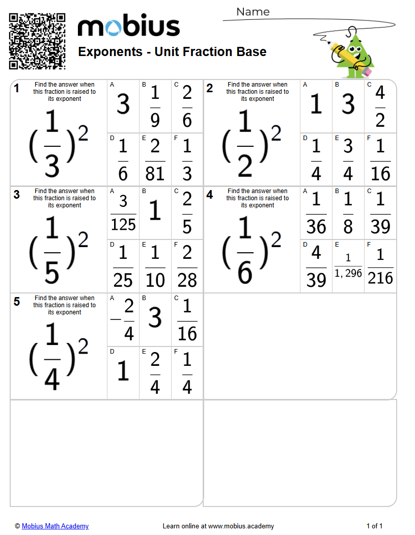 Exponents | Unit Fraction Base (Level 1) | Grade 9 Math Worksheets ...