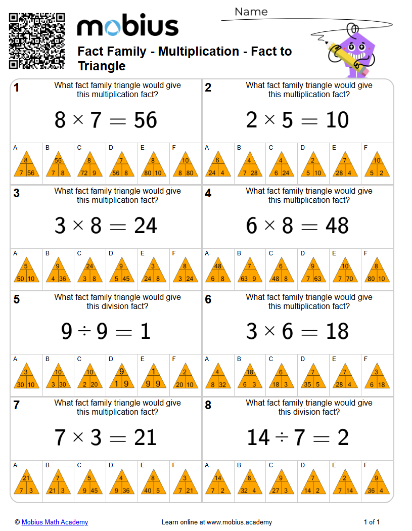 Fact Family - Multiplication - Fact to Triangle (Level 2) - Mobius Math ...