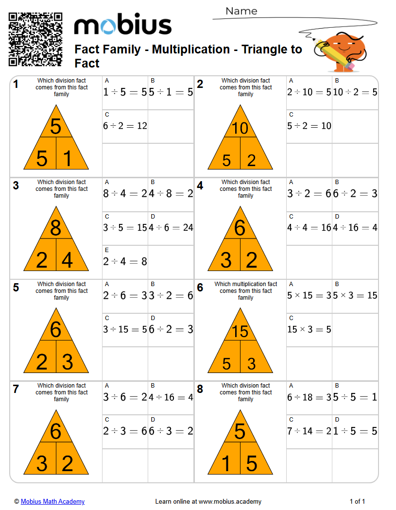 Fact Family - Multiplication - Triangle to Fact (Level 1) - Mobius Math ...
