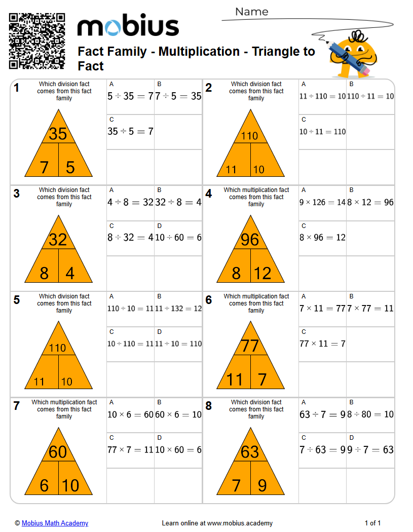 Fact Family - Multiplication - Triangle to Fact (Level 3) - Mobius Math ...