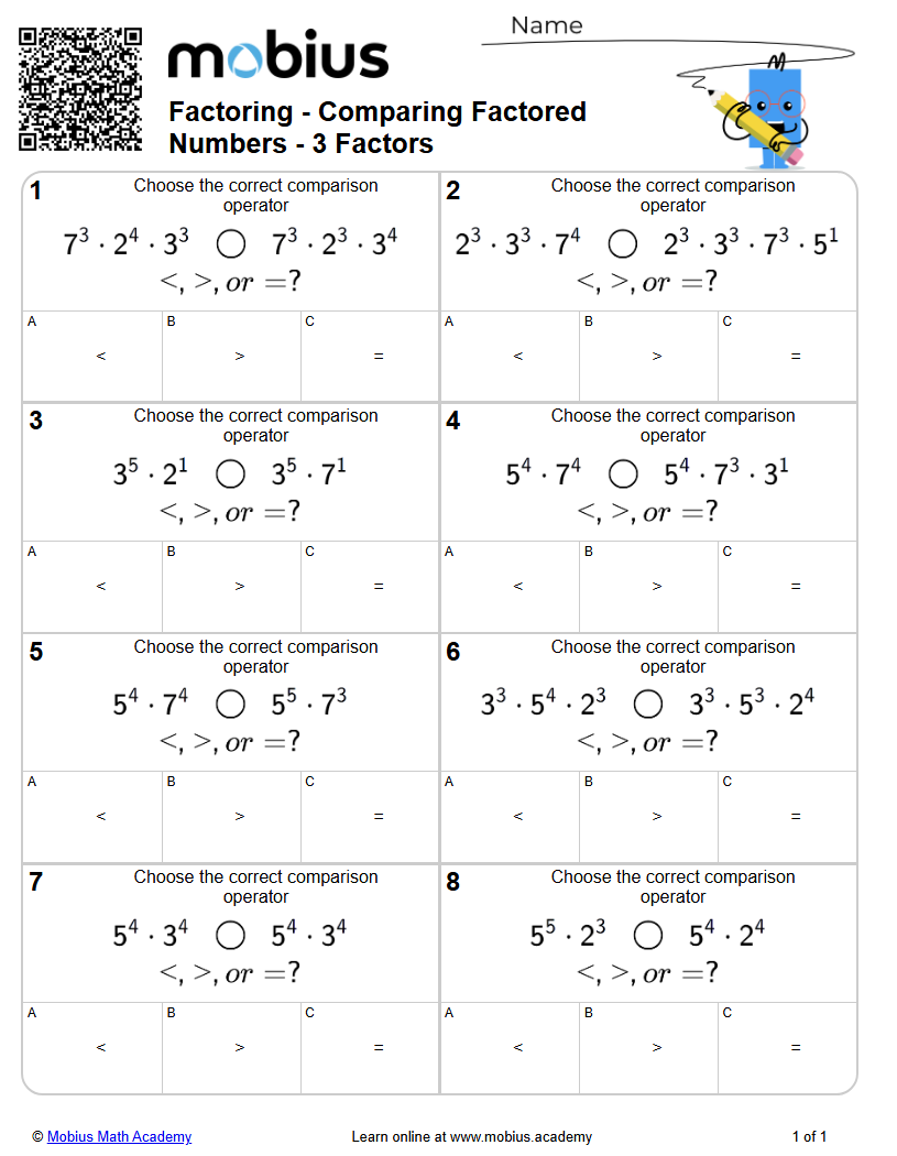 Factoring - Comparing Factored Numbers - 3 Factors (Level 1) - Mobius ...