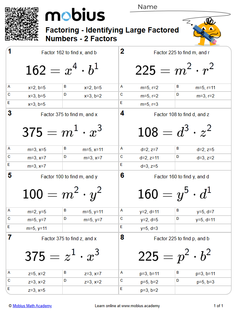 Factoring - Identifying Large Factored Numbers - 2 Factors (Level 1 ...
