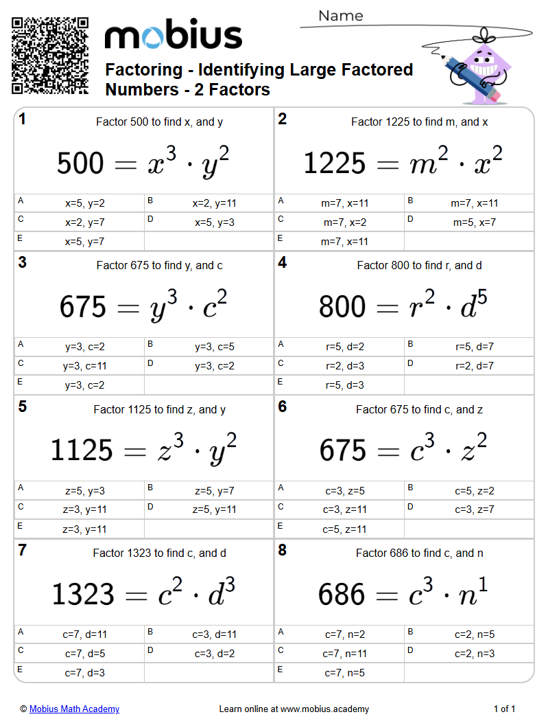 Factoring - Identifying Large Factored Numbers - 2 Factors (Level 2 ...