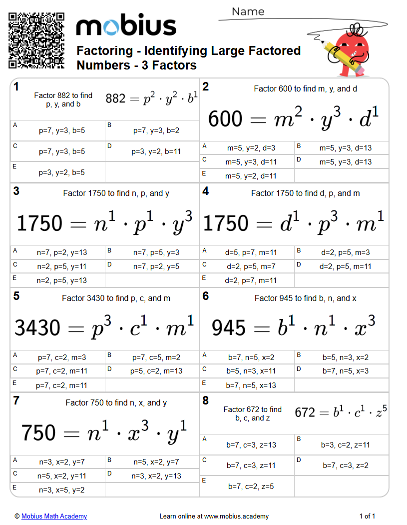 Factoring - Identifying Large Factored Numbers - 3 Factors (Level 2 ...
