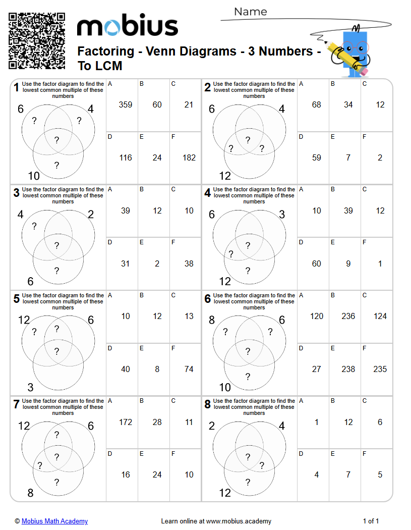 Venn Diagrams - 3 Numbers - To LCM (Level 1) | Factors/Primes | Grades ...