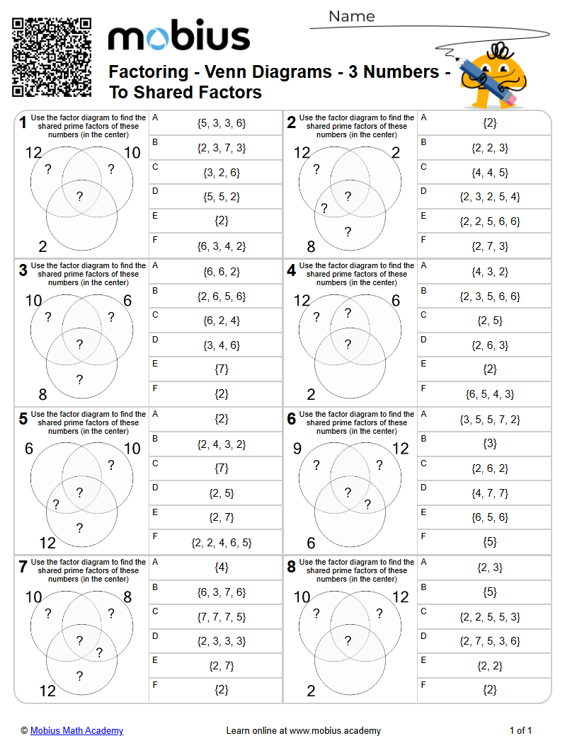 Factoring - Venn Diagrams - 3 Numbers - To Shared Factors (Level 1 ...