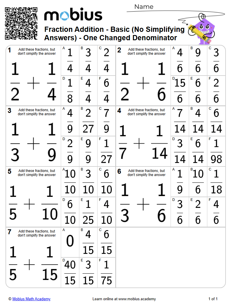 Fraction Addition - Basic (No Simplifying Answers) - One Changed ...