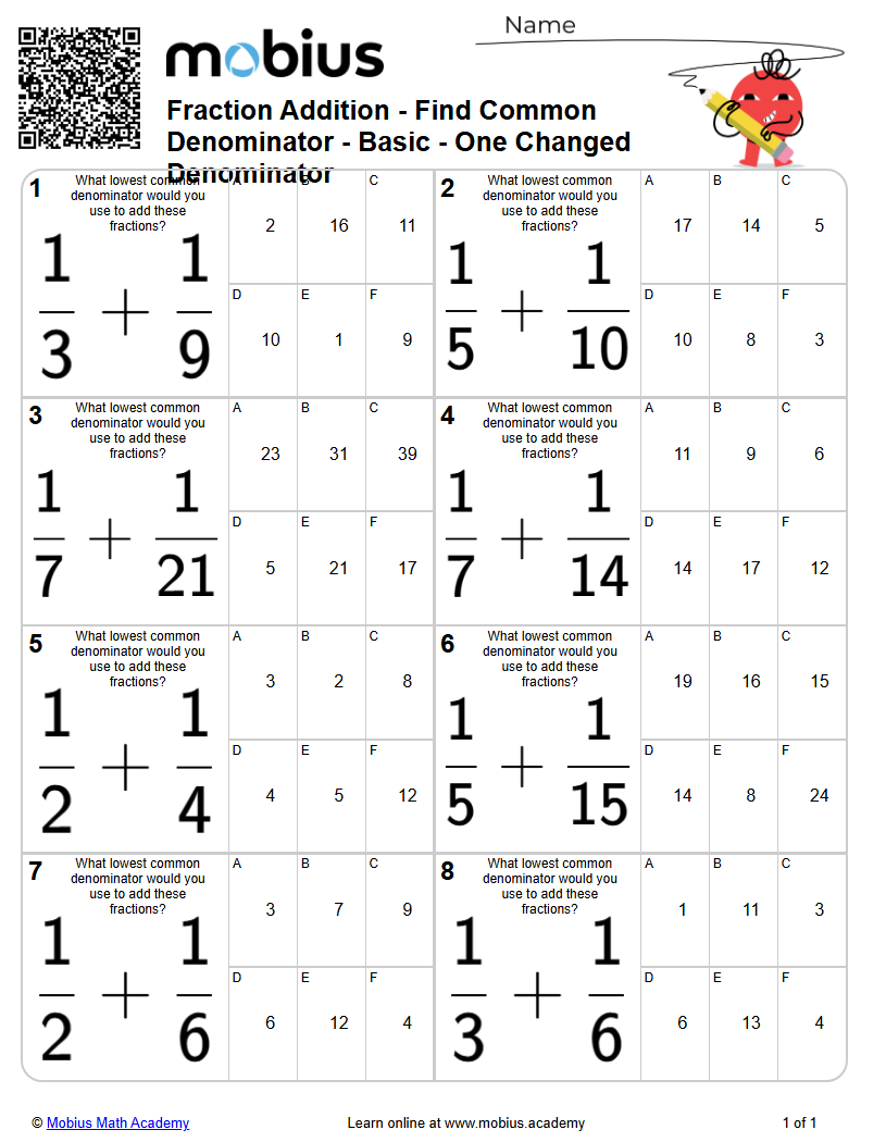 Fraction Addition - Find Common Denominator - Basic - One Changed ...