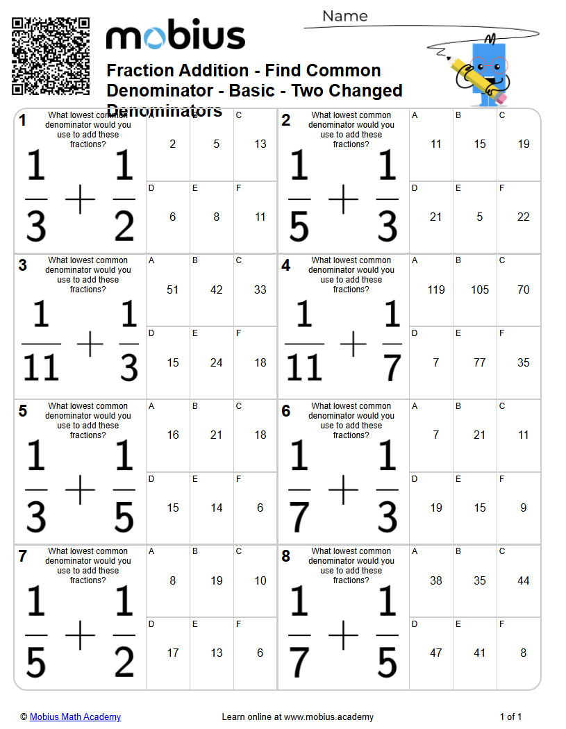 Fraction Addition - Find Common Denominator - Basic - Two Changed ...