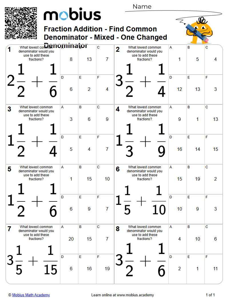 Fraction Addition - Find Common Denominator - Mixed - One Changed ...