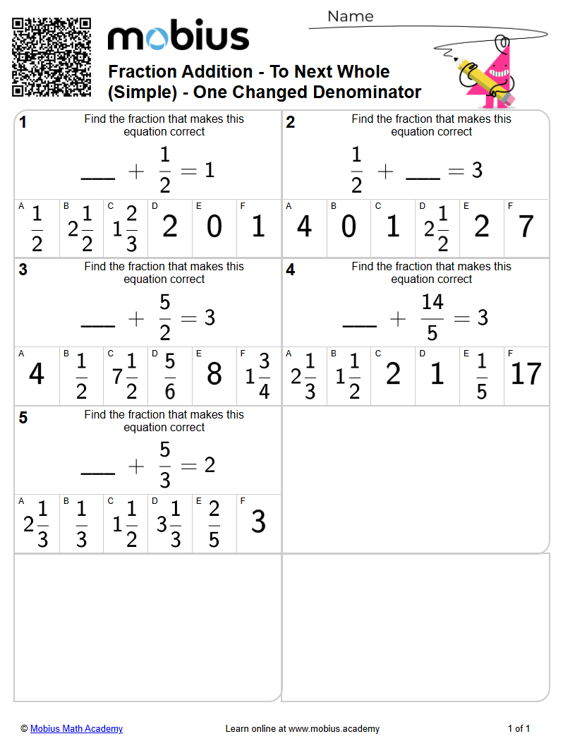 Fraction Addition - To Next Whole (Simple) - One Changed Denominator ...