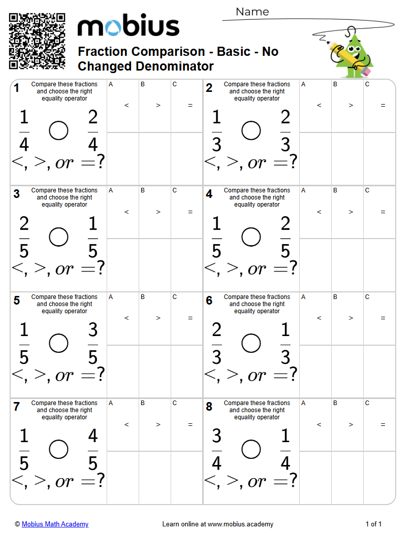Fraction Comparison - Basic - No Changed Denominator | Level 1 | Grade ...