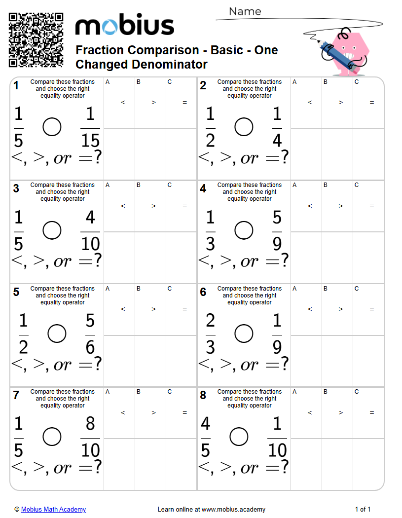Fraction Comparison - Basic - One Changed Denominator | Level 1 ...