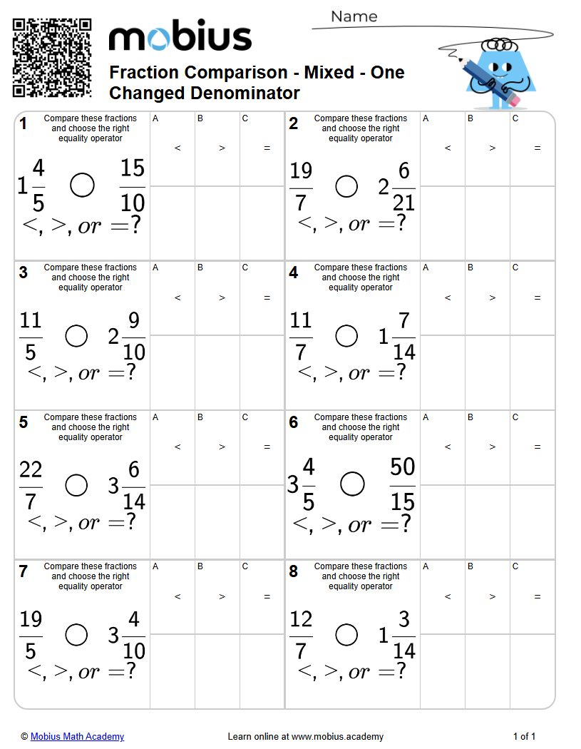 Fraction Comparison - Mixed - One Changed Denominator | Level 2 ...