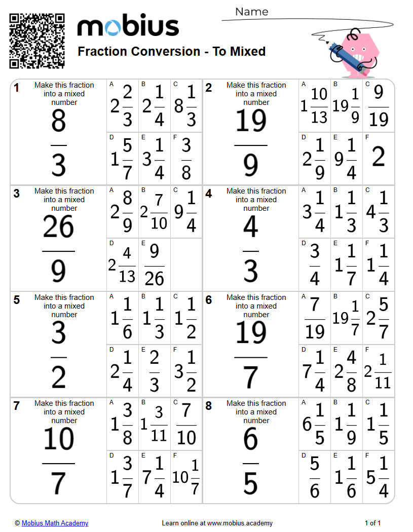 Fraction Conversion - To Mixed | Level 1 | Grades 5-11 Math Worksheets ...