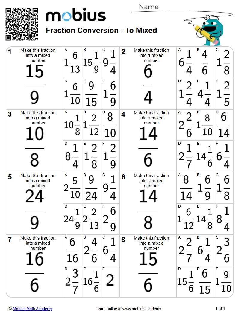 Fraction Conversion - To Mixed (Level 2) - Mobius Math Academy