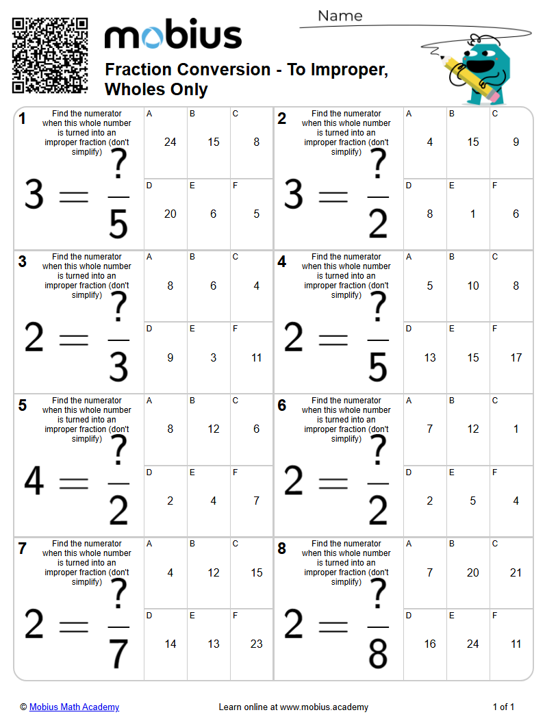 Level 1 | Fractions/Decimals | Grade 5 Math Worksheets - Mobius Math ...