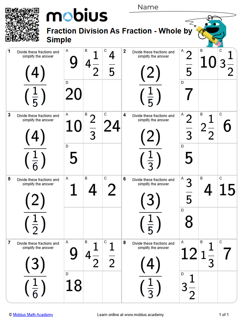 Fraction Division As Fraction - Whole by Simple | Level 1 | Grade 12 ...