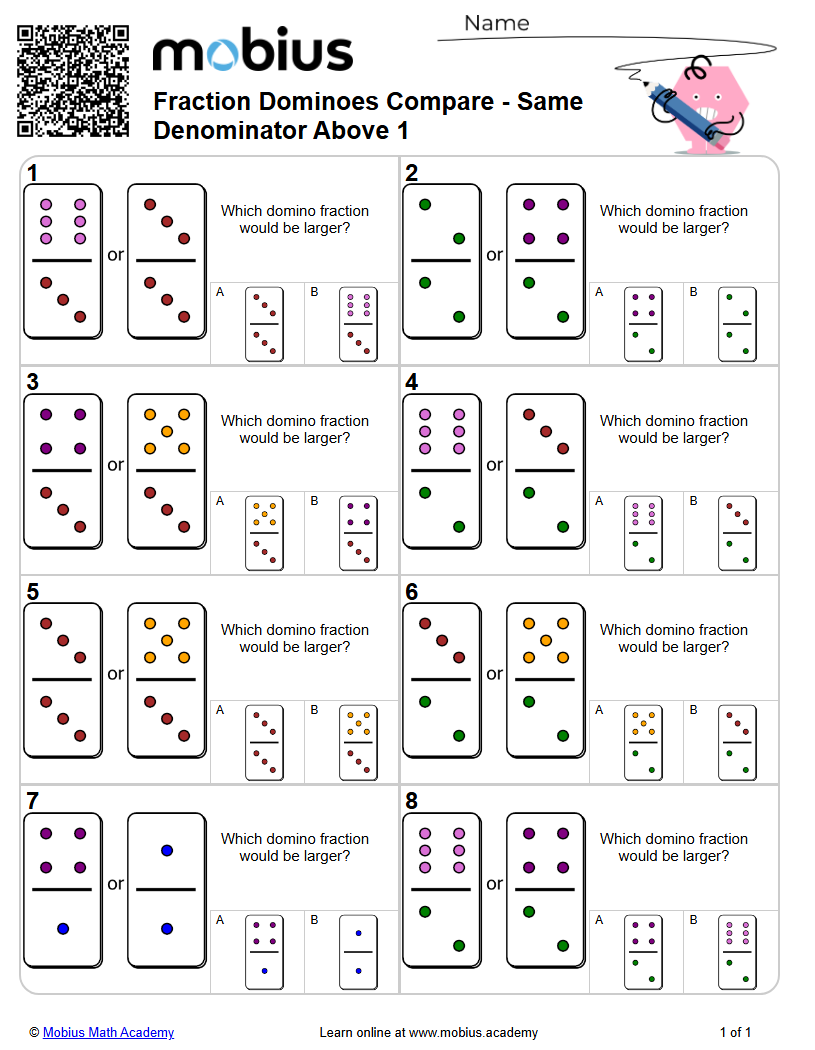 Fraction Dominoes Compare - Same Denominator Above 1 (Level 1) - Mobius ...