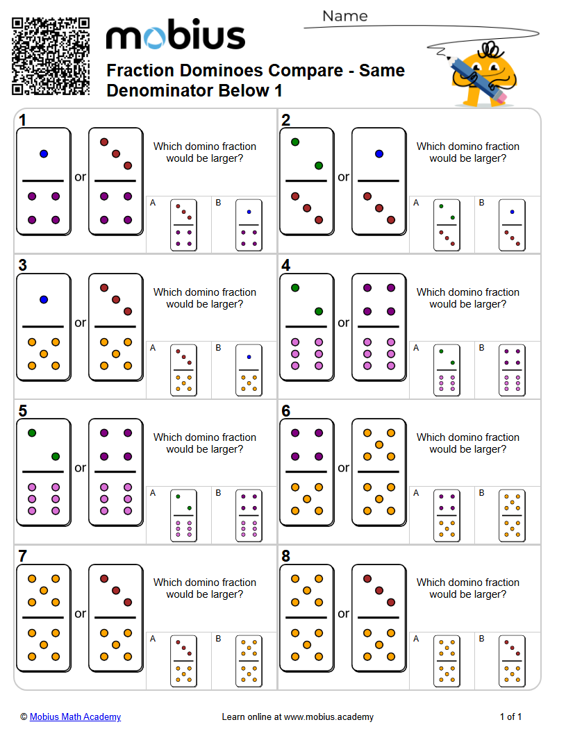 Fraction Dominoes Compare - Same Denominator Below 1 | Level 1 | Grade ...