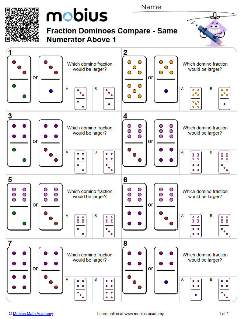 Fraction Dominoes Compare - Same Numerator Above 1 | Level 1 | Grade 3 ...