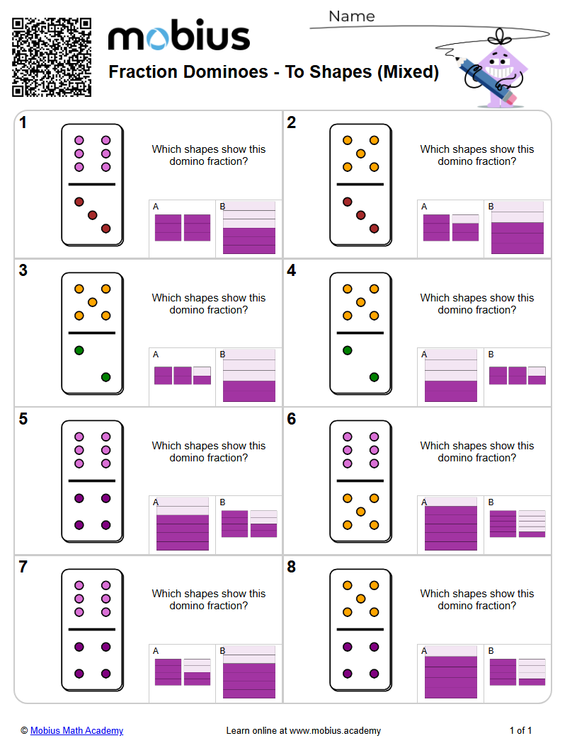 Fraction Dominoes - To Shapes (Mixed) (Level 1) - Mobius Math Academy