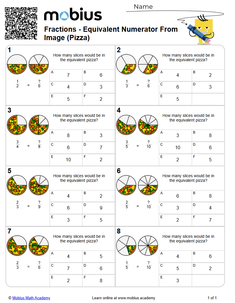 Fractions - Equivalent Numerator From Image (Pizza) (Level 1) - Mobius ...