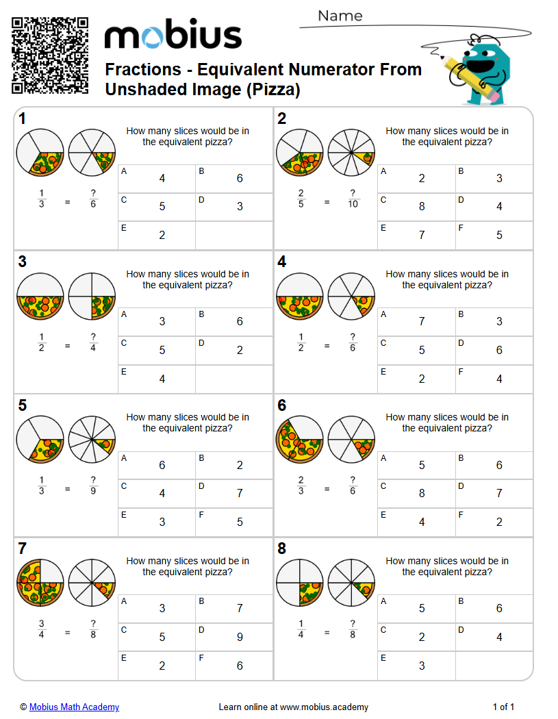 Fractions - Equivalent Numerator From Unshaded Image (Pizza) (Level 1 ...