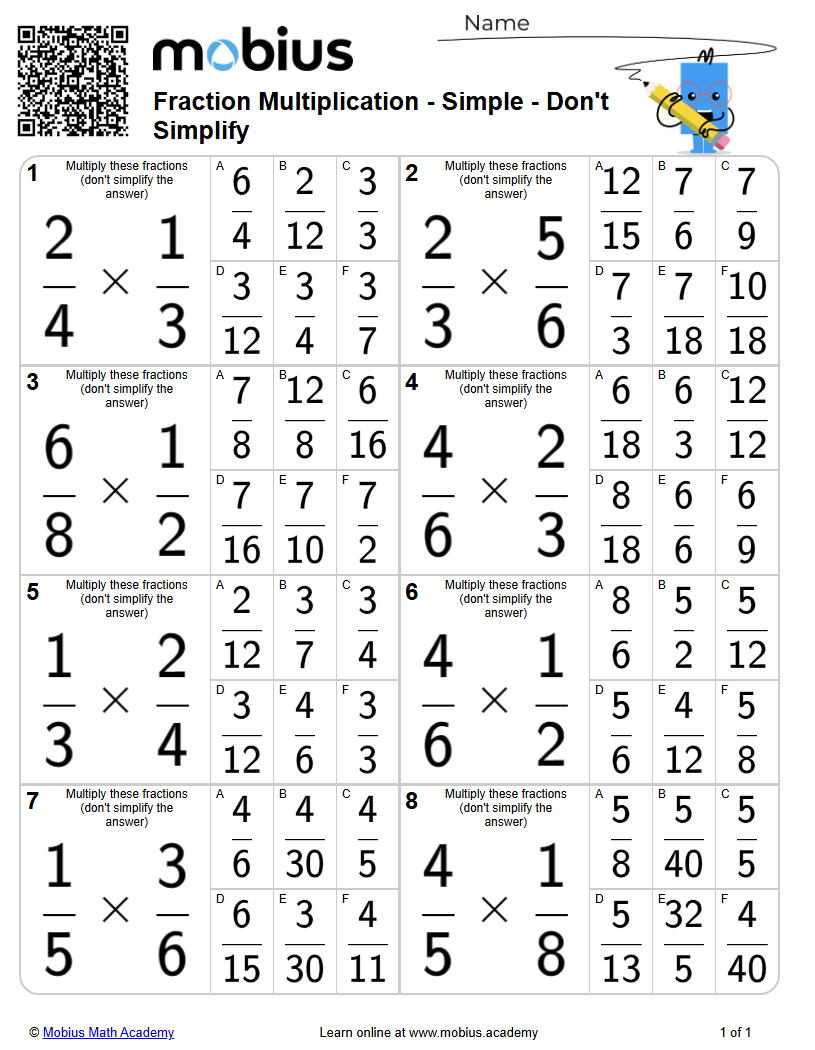 Fraction Multiplication - Simple - Don't Simplify (Level 2) - Mobius Math Academy