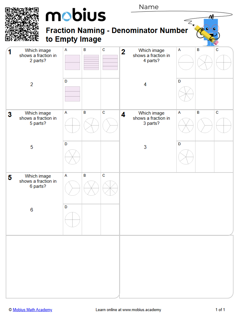 Fraction Naming - Denominator Number to Empty Image (Level 1) - Mobius ...