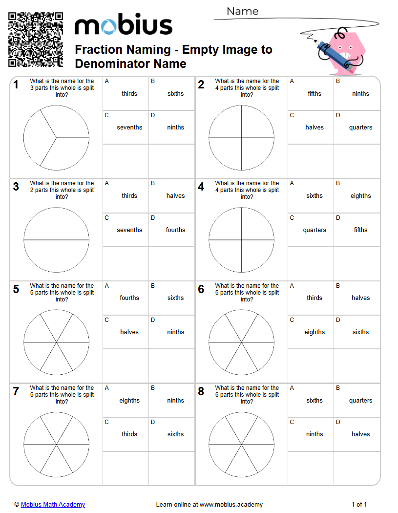 Fraction Naming - Empty Image to Denominator Name (Level 1) - Mobius ...