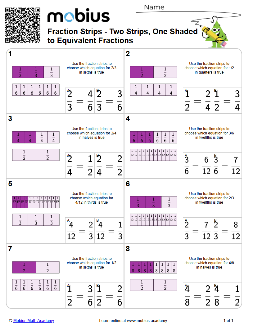 Fraction Strips - Two Strips, One Shaded to Equivalent Fractions (Level ...