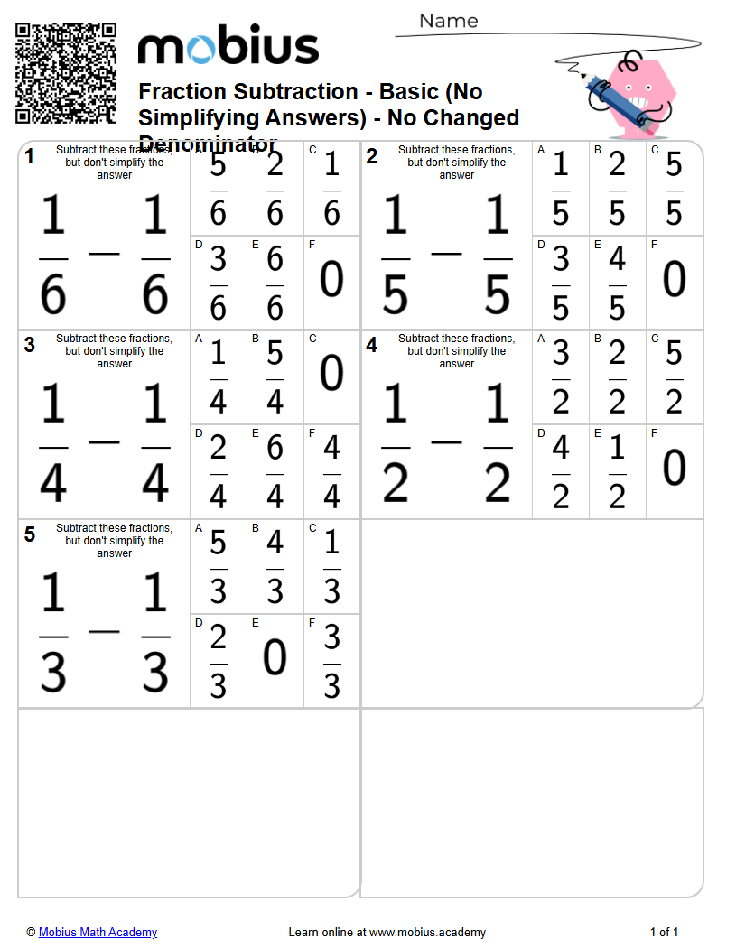 Fraction Subtraction - Basic (No Simplifying Answers) - No Changed ...