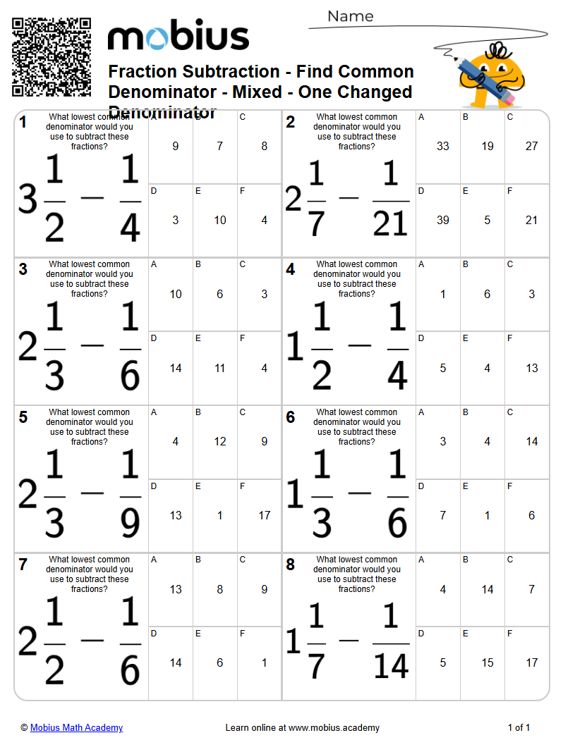 Fraction Subtraction - Find Common Denominator - Mixed - One Changed ...