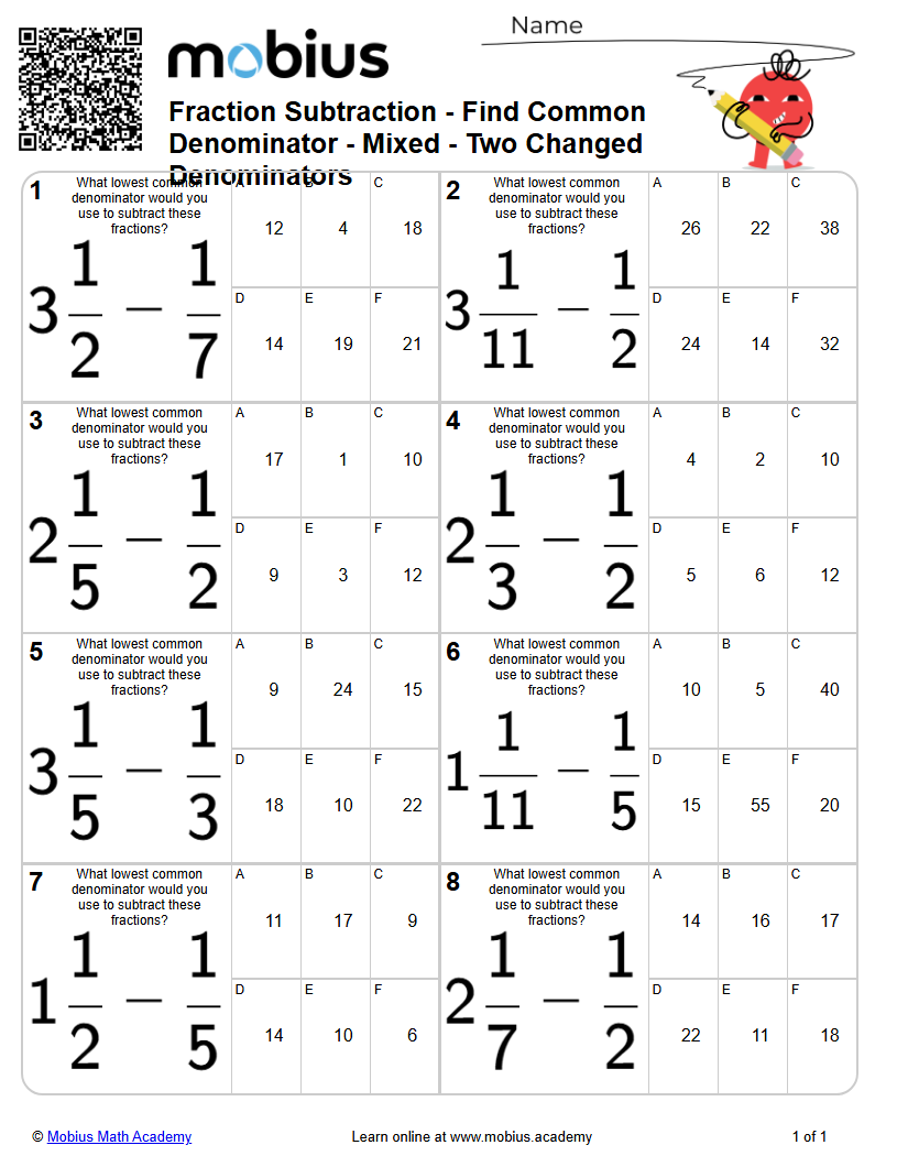 Fraction Subtraction - Find Common Denominator - Mixed - Two Changed ...