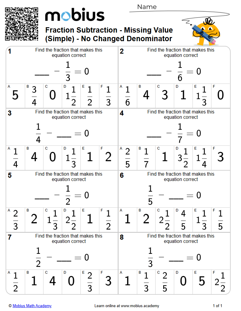 Fraction Subtraction - Missing Value (Simple) - No Changed Denominator ...