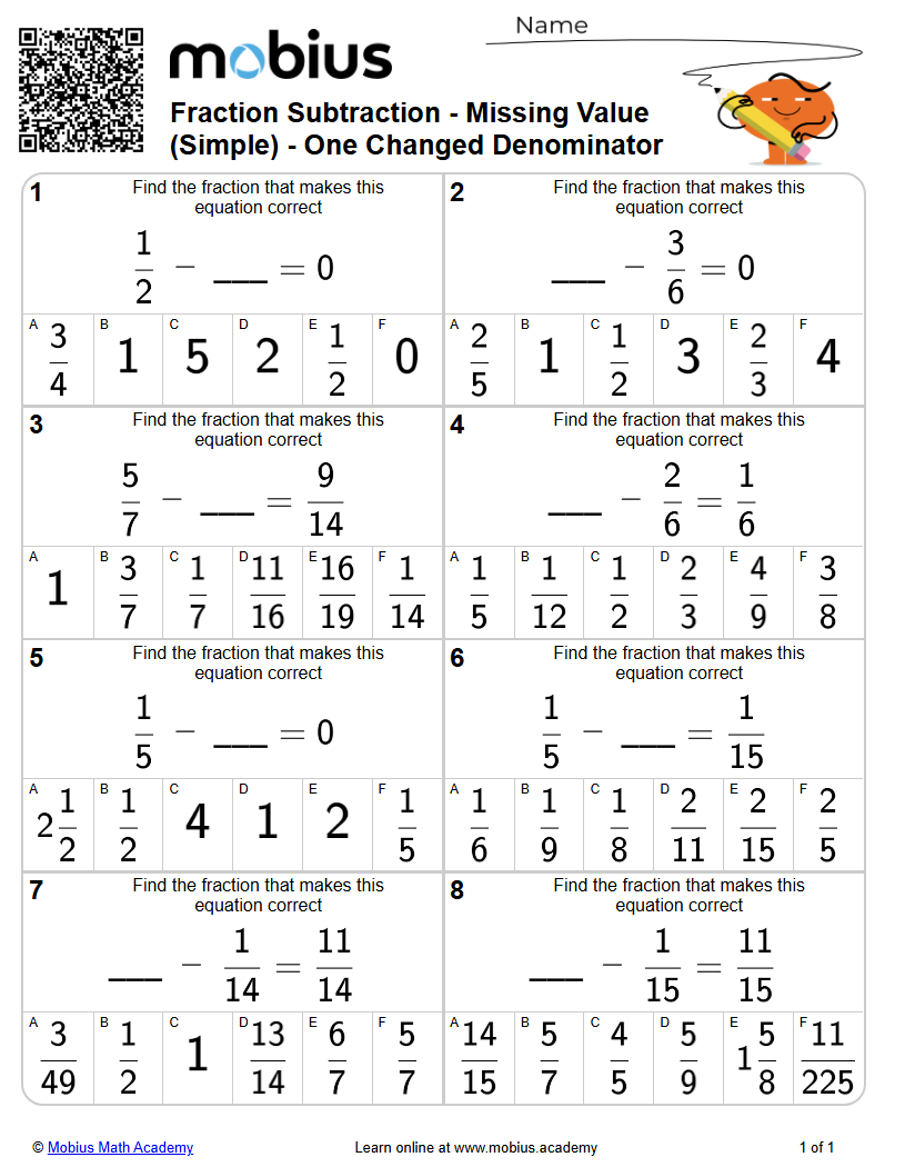 Fraction Subtraction - Missing Value (Simple) - One Changed Denominator ...