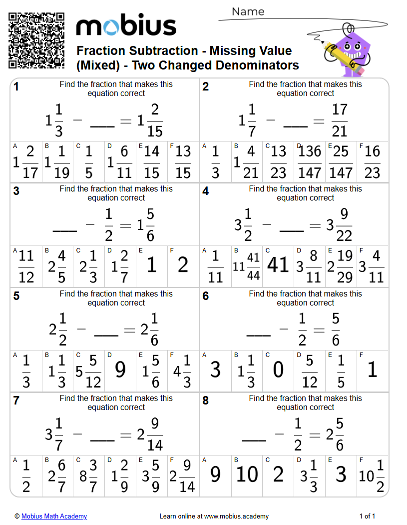 Fraction Subtraction - Missing Value (Mixed) - Two Changed Denominators ...