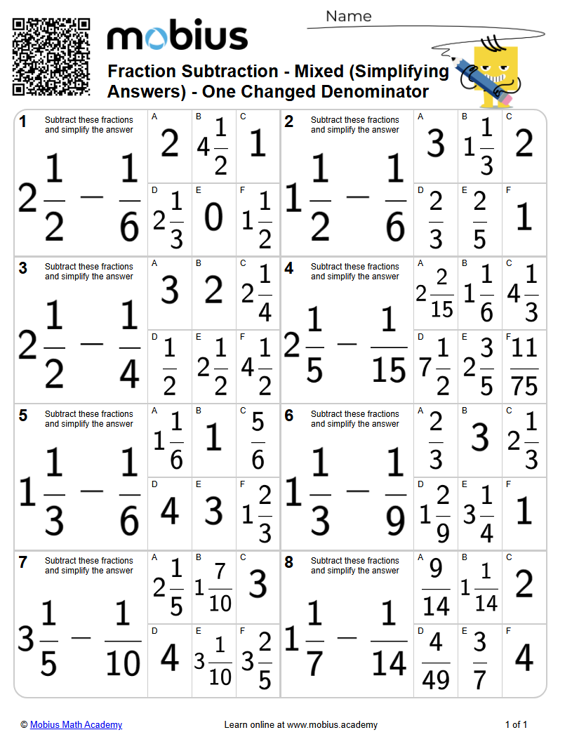 Fraction Subtraction - Mixed (Simplifying Answers) - One Changed ...