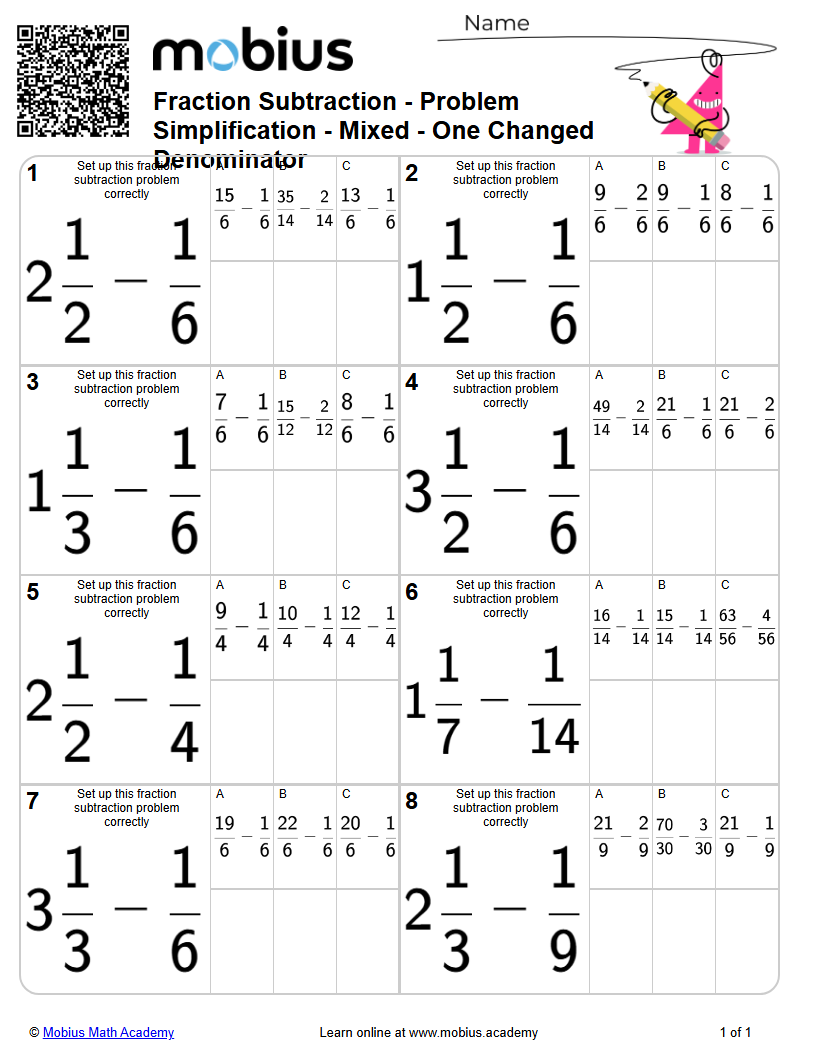Fraction Subtraction - Problem Simplification - Mixed - One Changed ...