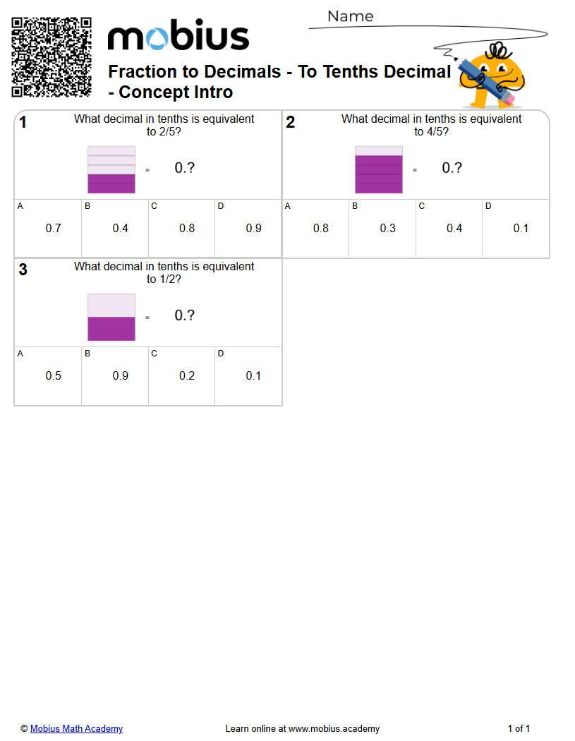 Fraction to Decimals - To Tenths Decimal - Concept Intro (Level 1 ...
