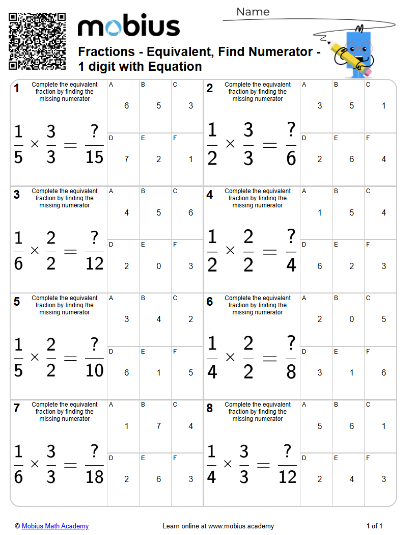 Fractions - Equivalent, Find Numerator - 1 digit with Equation (Level 1 ...